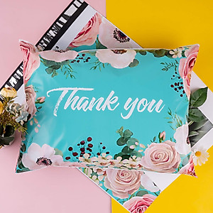 RUSPEPA 14.5x19 Inch Poly Mailers Shipping Bags Thank You Notes Flowers Surrounded Teal Poly Mailers 3 Mil Heavy Duty Self Seal Mailing Envelopes - 50 Pack