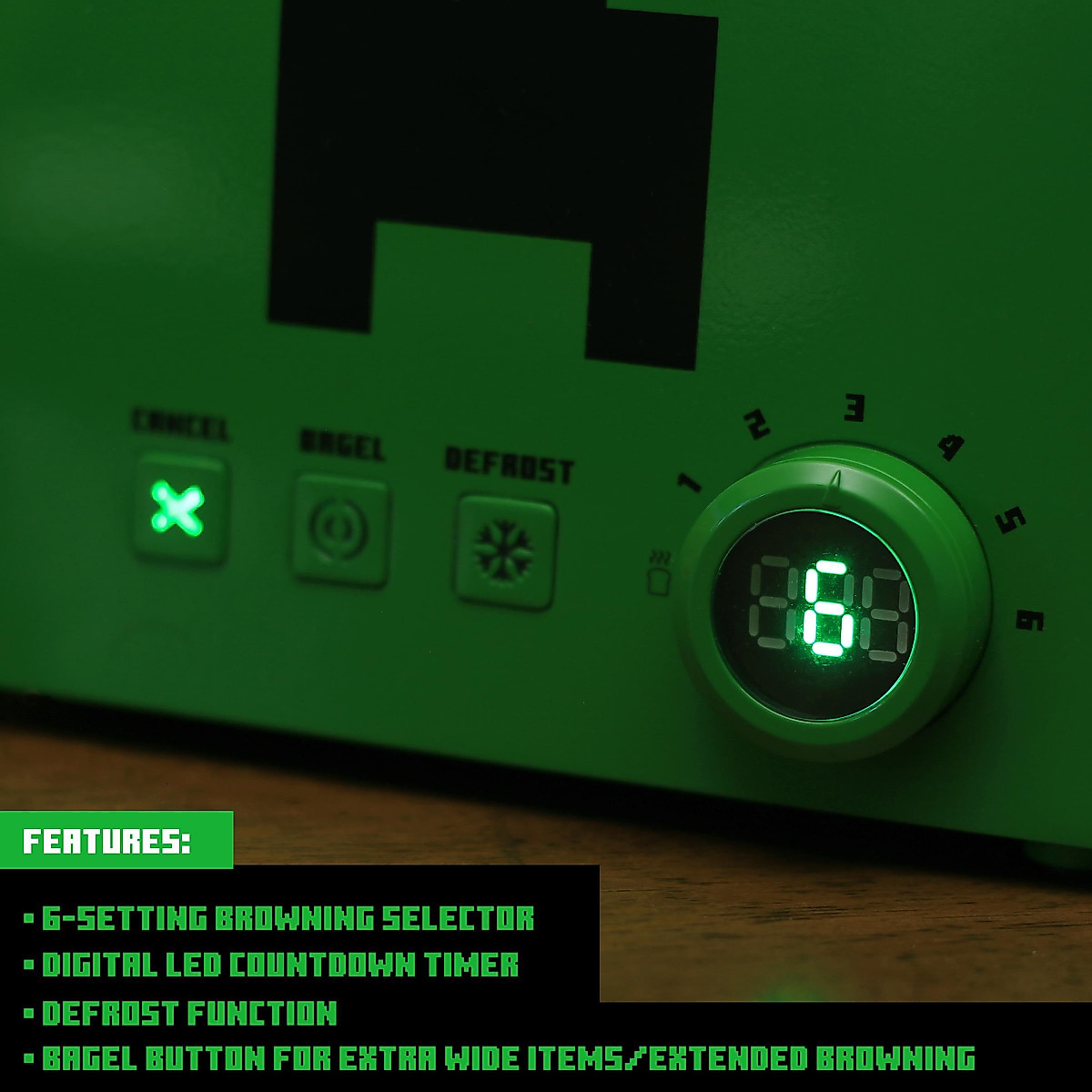 Minecraft Green Creeper 2-Slice Toaster For Bagels, Waffles, and Breads | Features 6 Settings With Defrost Option | Imprints Creeper Symbol On Bread