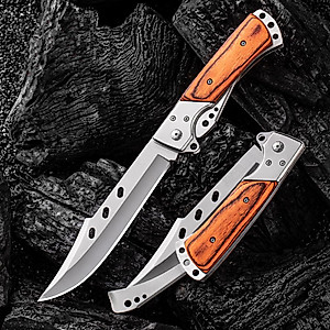 UDANJOVI 12.7 In Tactical Long Blade Folding Knife With Rosewood Handle And Sheath, Cool Outdoor Pocket Survival EDC Tool, Sharp Big Blade Fishing Camping Hunting Knives Gifts Ideas For Men Women