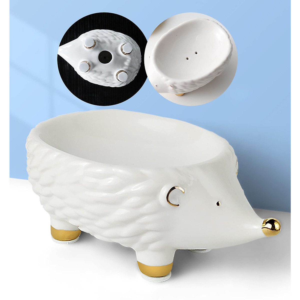 Ceramic Soap Dish with Drain, Hedgehog Toilet Soap Box, Ceramic Jewelry Tray, Funny Soap Storage Container for Shower Bathroom Kitchen Bathtub,White