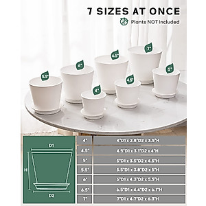 LaDoVita 7 Pack Plastic Plant Pots Indoor, 7/6.5/6/5.5/5/4.5/4 Inch Modern Planters for Plants, Flower Pots with Drainage Holes and Trays, White