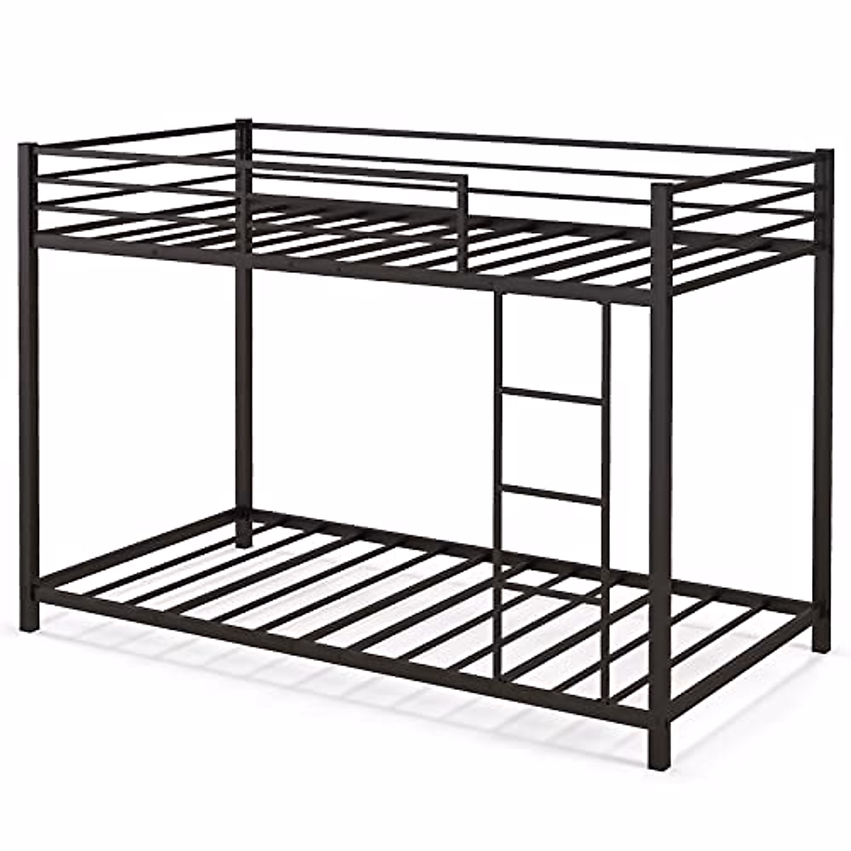 KOMFOTT Metal Low Bunk Bed Twin Over Twin, Heavy Duty Bunk Bed Frame with Ladder & Full-Length Guardrails, Metal Slatted Floor Bed Frame for Teens & Adults, No Box Spring Needed (Black)
