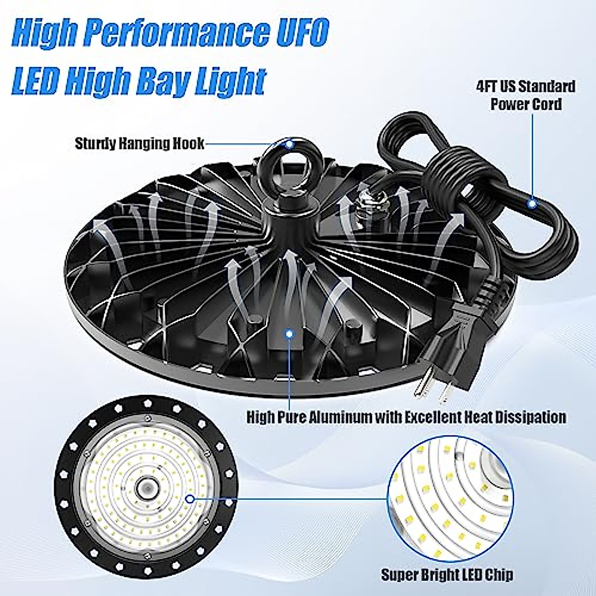 10 Pack 200W UFO LED High Bay Light, 20000LM LED High Bay Light Fixture with 110V US Plug, 6500K Daylight White Commercial Warehouse Area Light for Wet Location Area, Workshop, Warehouse, Garage