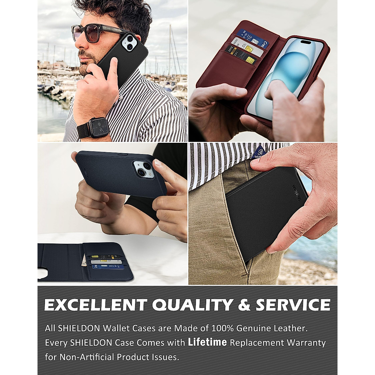 SHIELDON Genuine Leather Wallet 2 in 1 Detachable Wireless Charging Folio Magnetic Case RFID Blocking Card Slot Kickstand Shockproof Case Compatible with iPhone 15 - Navy Blue