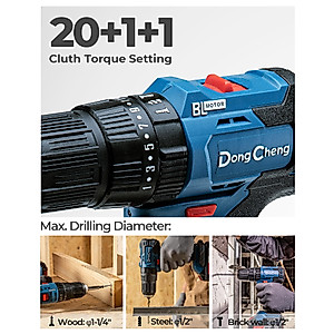 Dong Cheng 20V Brushless Heavy-duty Impact Drill, 435 in.lbs, 27000 BPM, 1/2" Keyless Metal Chuck, 20+1+1 Clutch, Cordless Hammer Drill with 2 Battery Kit for Drilling Brick Wall, Metal, Wood