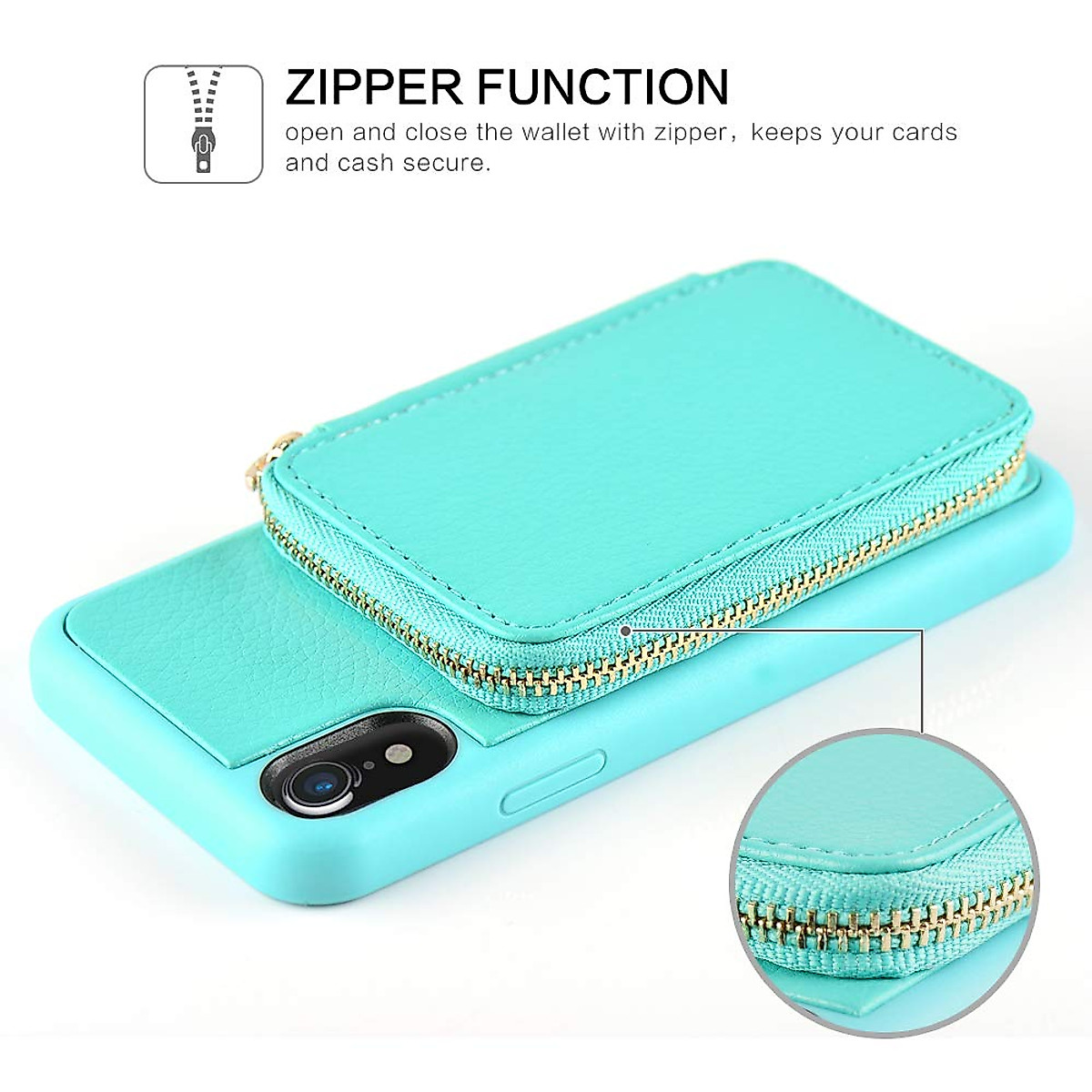 iPhone XR Case, ZVE for iPhone XR Wallet Case with Credit Card Holder Slot Shockproof Protective Leather Wallet Zipper Pocket Purse Handbag Wrist Strap Case for Apple iPhone XR 6.1" (2018) Blue
