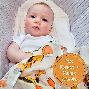 LollyBanks Muslin Swaddle Blanket | 100% Cotton | Newborn and Infant Blanket | Large 47 x 47 inches for Boys | Light Weight and Breathable | Fun Construction Theme