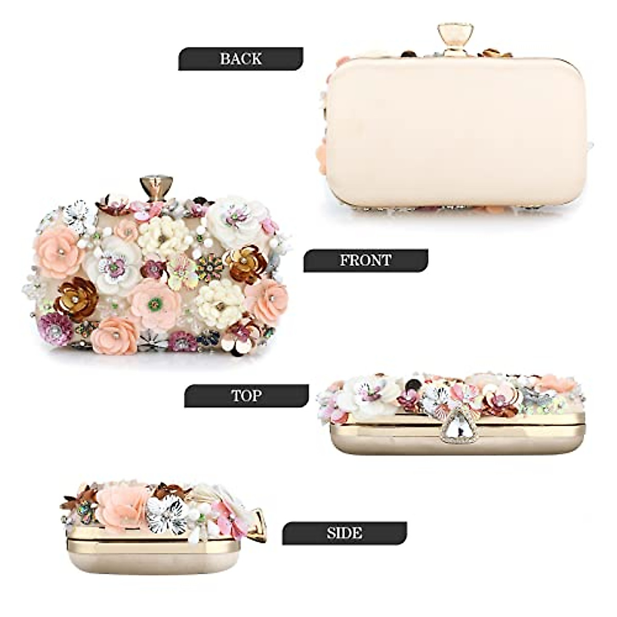 Women's Floral Evening Clutch Bag with Flower Metal Rhinestones for Women Wedding Prom Party 3D Sequins Evening Handbag (Apricot)