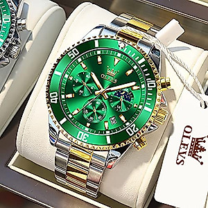 OLEVS Mens Watches Green Chronograph Luxury Dress Moon Phase Quartz Stainless Steel Waterproof Luminous Business Calendar Wrist Watch
