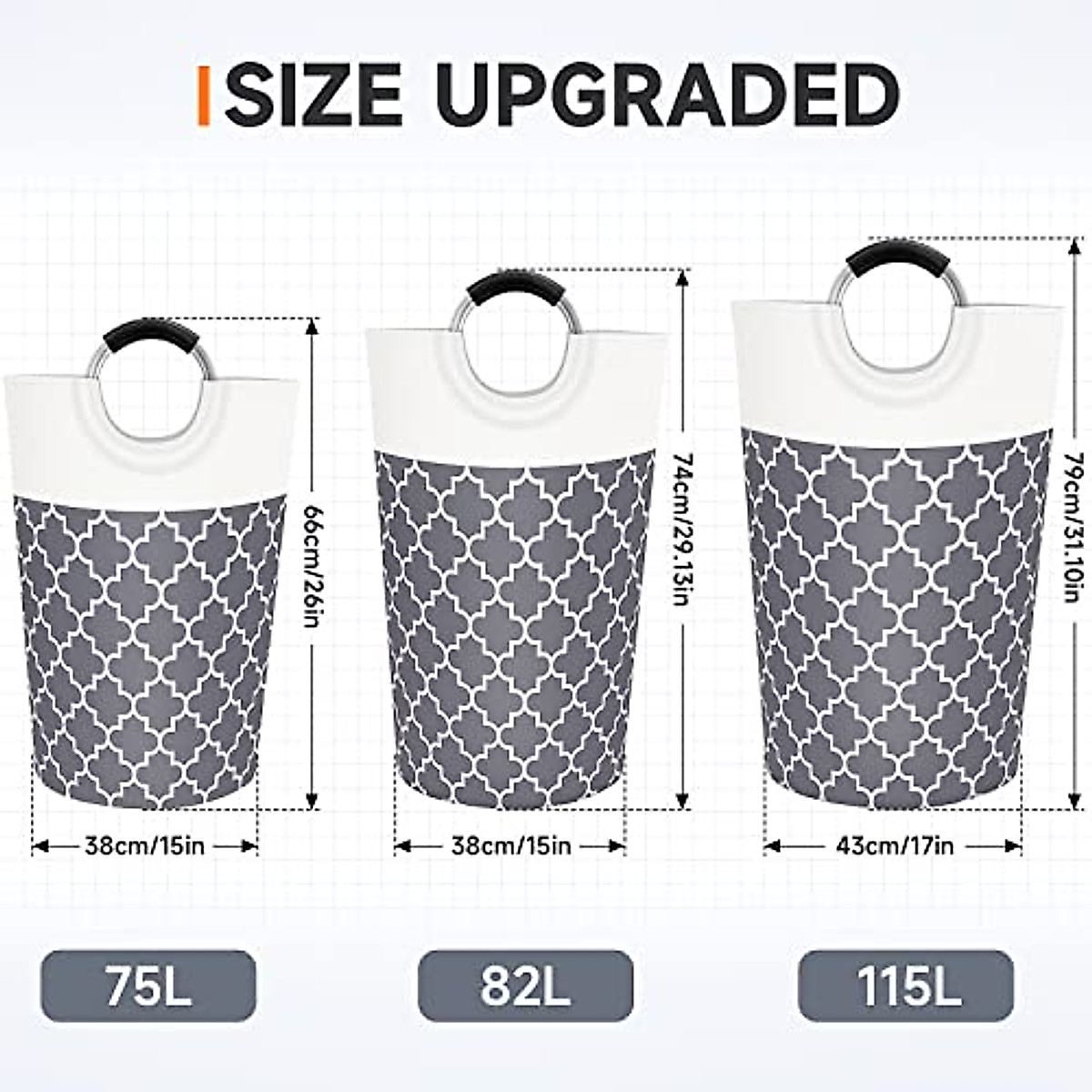 115L Laundry Basket, Laundry Hamper Bag Washing Bin Clothes Bag Collapsible Tall With Handles Waterproof Travel Bathroom College Essentials Storage For College Dorm, Family (Grey)