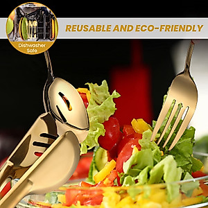Patelai Stainless Steel Serving Utensils Large Serving Spoon Set 9.45 Inch Metal Tongs 9 Inch Serving Forks 8.7 Inch Slotted Spoons and Serving Spoon Kitchen Wedding Party(Gold, 8 Pieces)