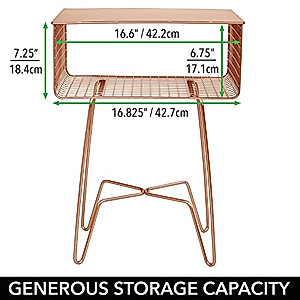 mDesign Steel Side Table Nightstand with Storage Shelf Basket for Bedroom, Living Room, Home Office; Rustic Bedside End Table, Industrial Modern Accent Furniture - Concerto Collection - Rose Gold