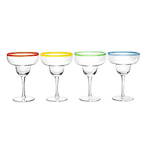 12 oz Margarita Cocktail Glasses + Colorful Party Rims | Set of 4 | Heavy Duty, Thick, Hand Blown, Classic Frozen Drinks Stemware + Fun Mexican Gift Box, Great Gifts! Fiesta Party Decoration Glasses