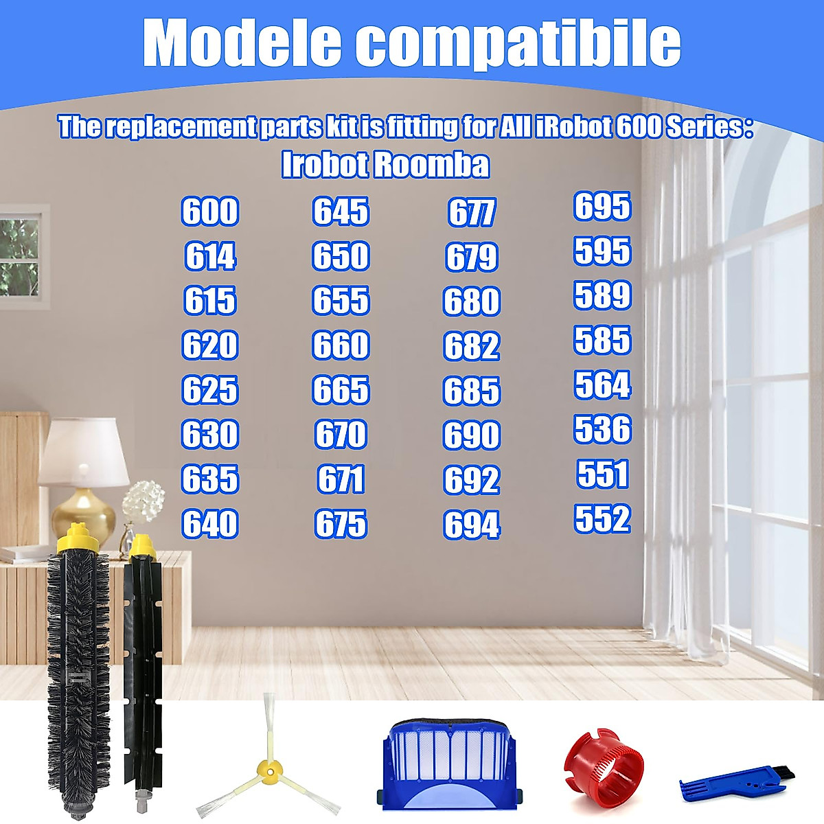 Replacement Parts for iRobot Roomba 600 500 Series 694 695 677 671 690 680 660 650 620 614 595 585 564 Vacuum Robotic,2 bristle brush, 2 beater brush, 8 spinning side brush, 8 AeroVac filters