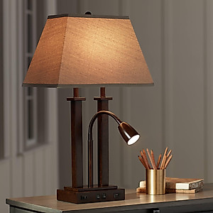 Possini Euro Design Deacon Modern Desk Table Lamp with USB and AC Power Outlet in Base Gooseneck LED 26" High Bronze Rectangular Linen Shade for Living Room Bedroom House Bedside Nightstand Home
