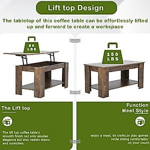 Ruesleag Coffee Table,Lift Top Coffee Table w/Hidden Compartment and Storage Shelf,Retro Wooden Lift Tabletop Dining Table Multifunctional Wooden Working Table for Home Office,39.4in L,Brown