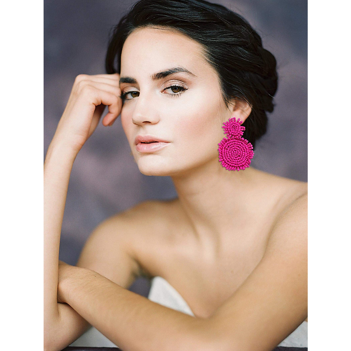 GLBCC Statement Drop Earrings for Women - Bohemian Beaded Round Dangle Earrings Idea Birthday Gifts for Mom Wife Friend (hot pink)