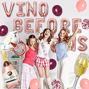 Wine Theme Bachelorette Party Decorations with Vino Before Vows Balloon Banner, Bride to Be Sash, Champagne Bottle Glass Diamond Ring Foil Balloon, Tinsel Foil Fringe Curtain for Bridal Shower Party