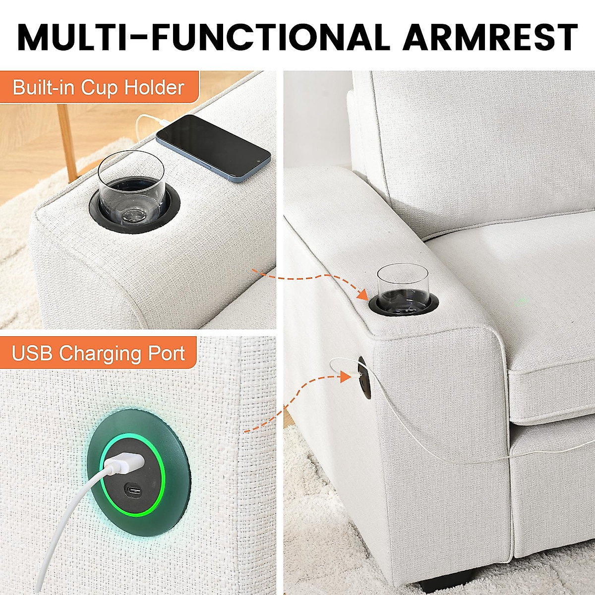 HALLYBEE 88.6" White Couch, Modern Sofa with USB Charging Ports Cup Holders, Loveseat Sofa with 2 Extra Deep Seat Removable Sofa Cushion, Comfy Couch for Living Room, Apartment Bedroom, Linen