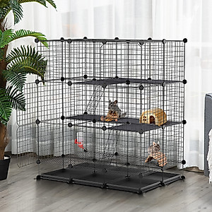 PawHut Small Animal Playpen C&C Cage Wire Bunny Pen for Kitten, Chinchillas, with Doors, Ramps and Trays, Black