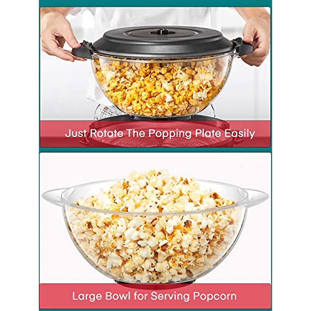 Popcorn Machine, 28cups Popcorn Maker with Stirring Rod, Detachable & Nonstick Plate, Hot Oil Popcorn Popper Maker Easy to Use, 6Qts Large Lid for Serving Bowl, 2 Measuring Spoons & Cool Touch Handles