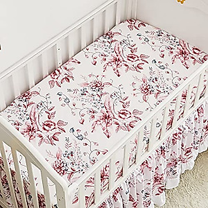 Brandream Girls Nursery Bedding Pink Floral Crib Bedding Set 3 Piece Farmhouse Baby Blanket Set, 3 Piece