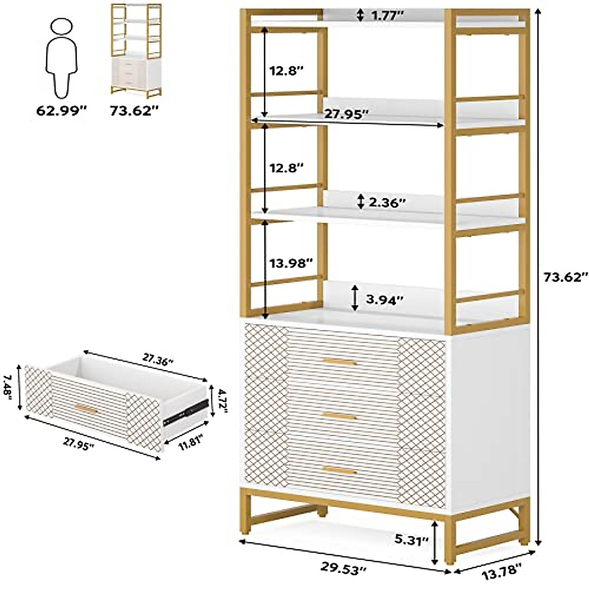 Tribesigns 3-Drawer Bookshelf Tall Ladder Shelf Bookcase with Storage, Modern Book Cases and Book Shelves 4 Shelf Organizer, Metal Wood Book Shelving Unit for Bedroom, Office, White & Gold