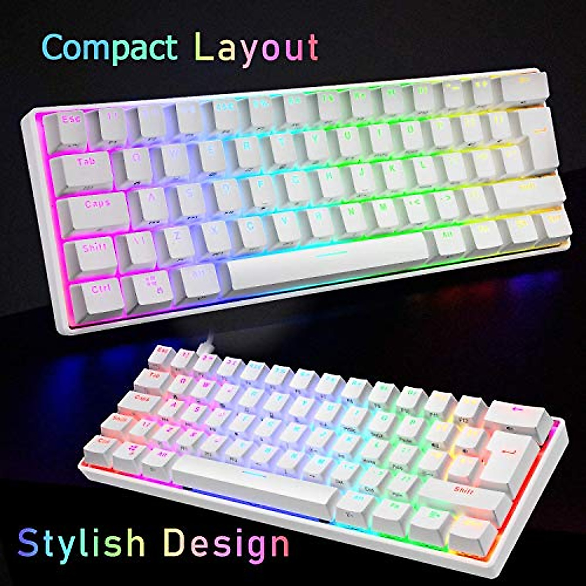 ZIYOU LANG MK21 Portable 60% Mechanical Gaming Keyboard Untra-Compact Type-c Wired with Light Up Chroma LED Backlit Non-Conflict 61 Key TKL Ergonomic for PS4 PS5 PC Mac Windows(White/Blue Switch)