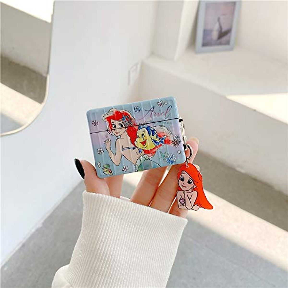 LUCKESSA Beautiful Girls Red Hairs Mermaid Princess Stripe Surface Earphone Case for AirPods Pro, Soft IMD Strong Protection Wireless Charging Earbud Cover Protective Skin +Mermaid Keychain