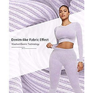FeelinGirl Women's Seamless 2 Pieces Yoga Outfits Workout Long Sleeve Active Wear Crop Top High Waist Yoga Legging Sets Lilac S