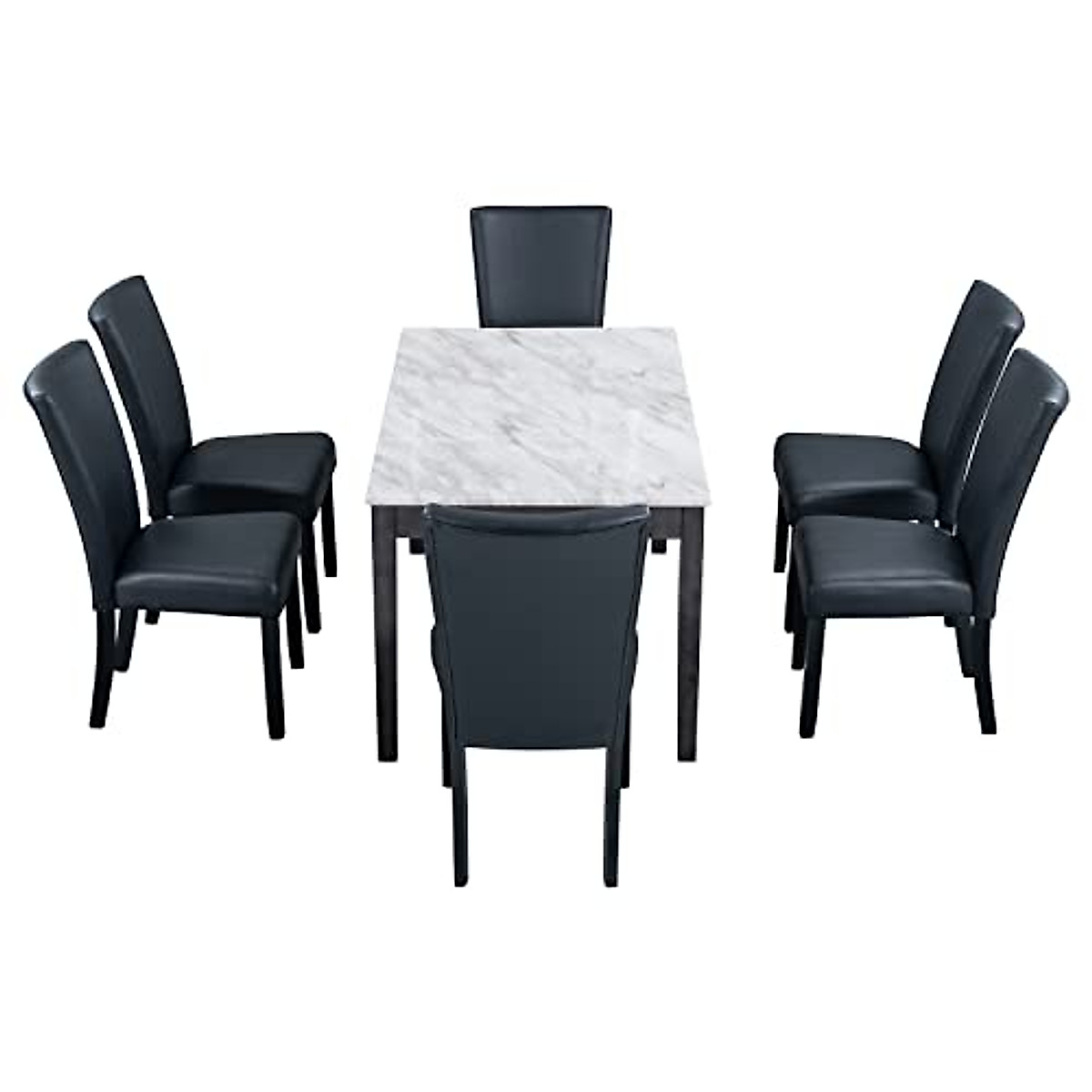 YUNLife 7-Piece Kitchen Dining 6, Faux Marble Rectangular Table with PU-Leather Chairs & 2 Drawers for Living Room, Breakfast Nook, Dinette Furniture Sets, Black59.7”x34.5”x30”