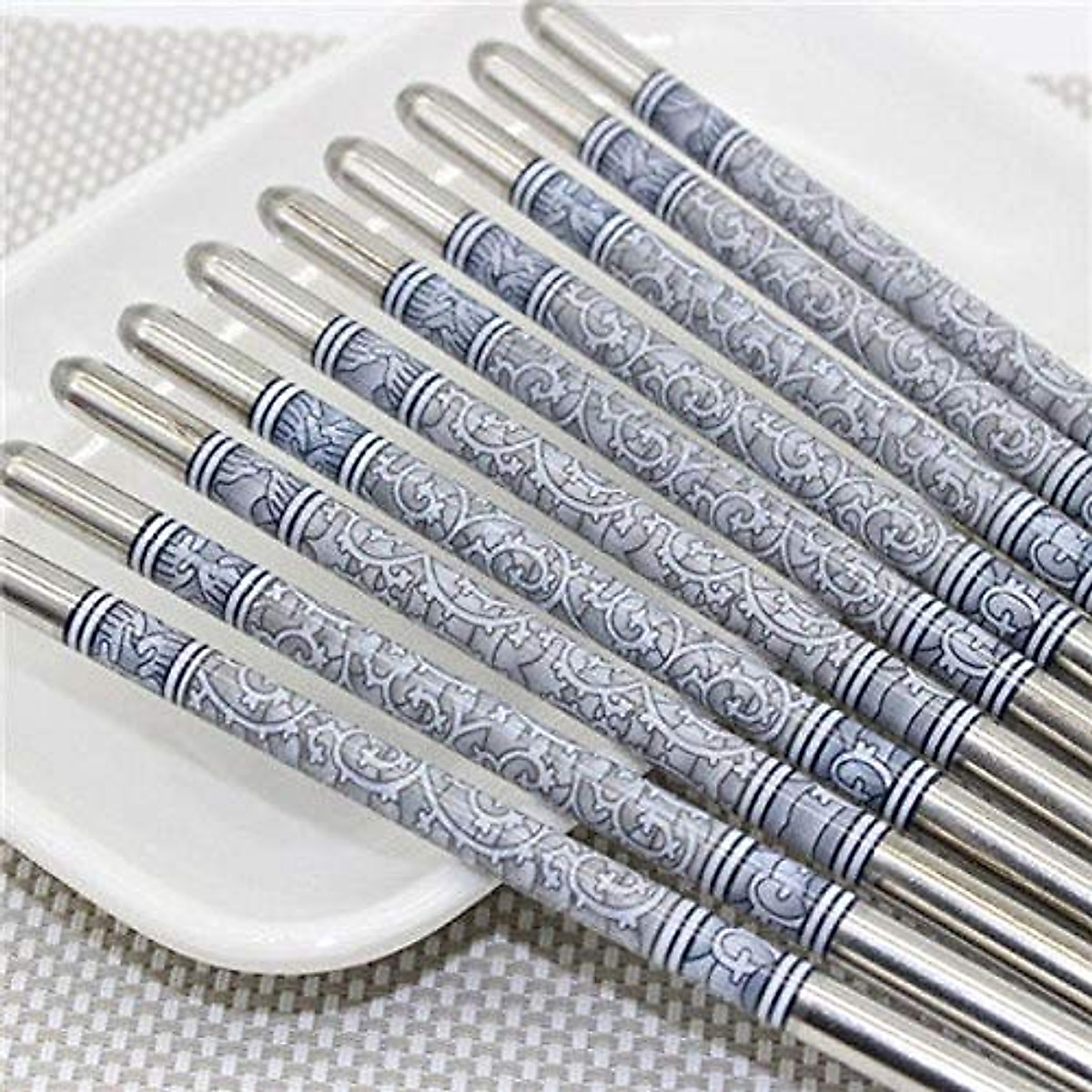 Madames Stainless Steel Chopsticks Kitchen Blue and White Porcelain Printed Chopsticks Reusable Flat Long Handle Chopstick for Home, Kitchen or Restaurant