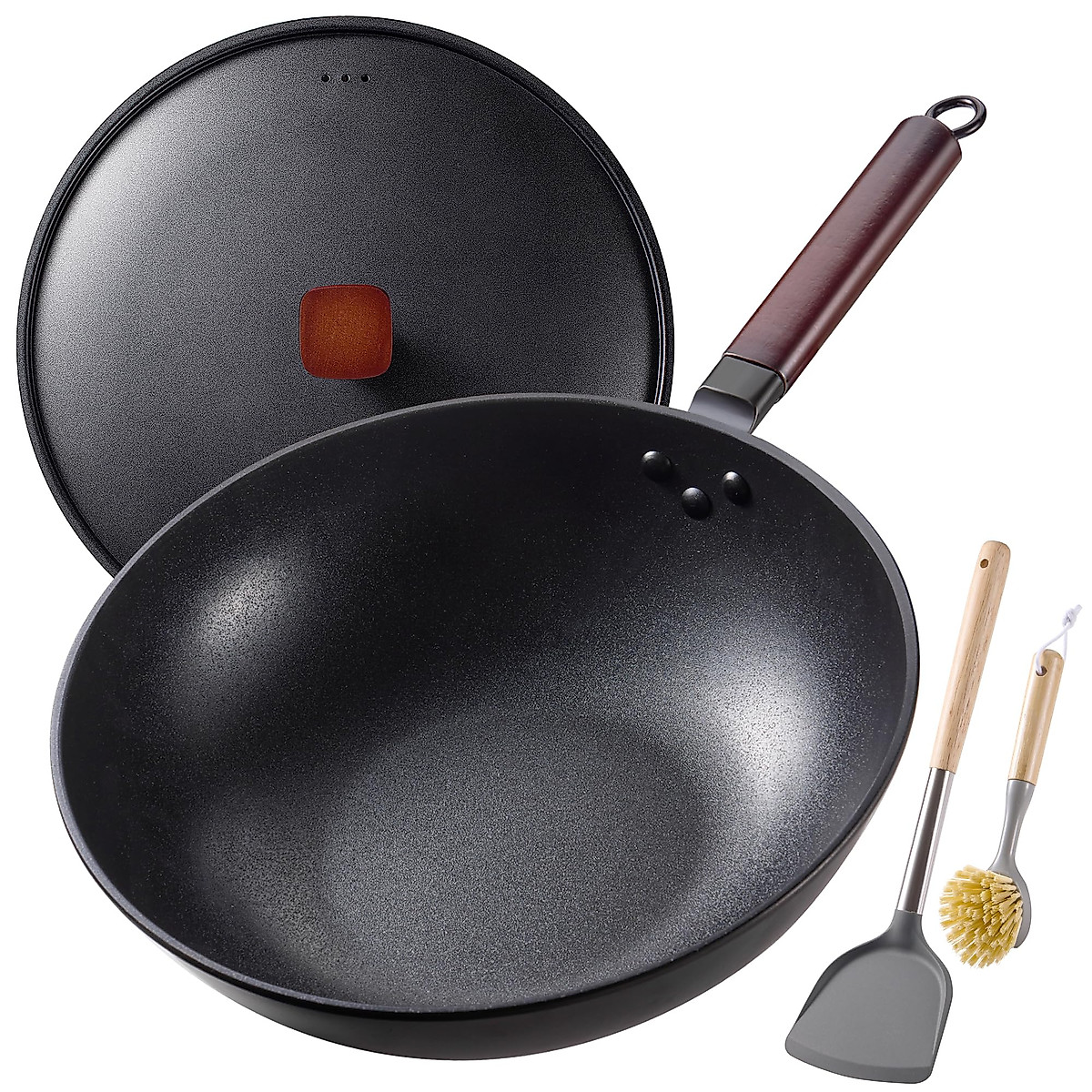 Teewe Carbon Steel Wok -13 Inch Woks & Stir-fry Pans Nonstick, Wok Pan with Lid Spatula and Dish Brush: Pre-Seasoned Flat Bottom Chinese Wok for Induction, Electric, Gas, All Stoves
