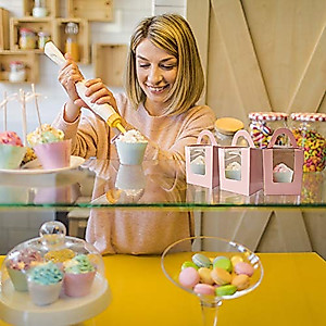 25 Pcs Pink Paper Cupcakes Boxes,Portable Single Individual Cupcake Gift Boxes with Window Inserts Handle for Wedding Candy Boxes (Pink)