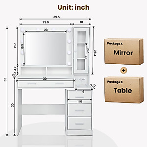 Vanity Desk with Mirror and Lights - White Vanity Table with Power Strip, 4 Drawers and Display Cabinet, 39.5'' Bedroom Makeup Desk with Nightstand and Tabletop Shelf, Brightness Adjustable