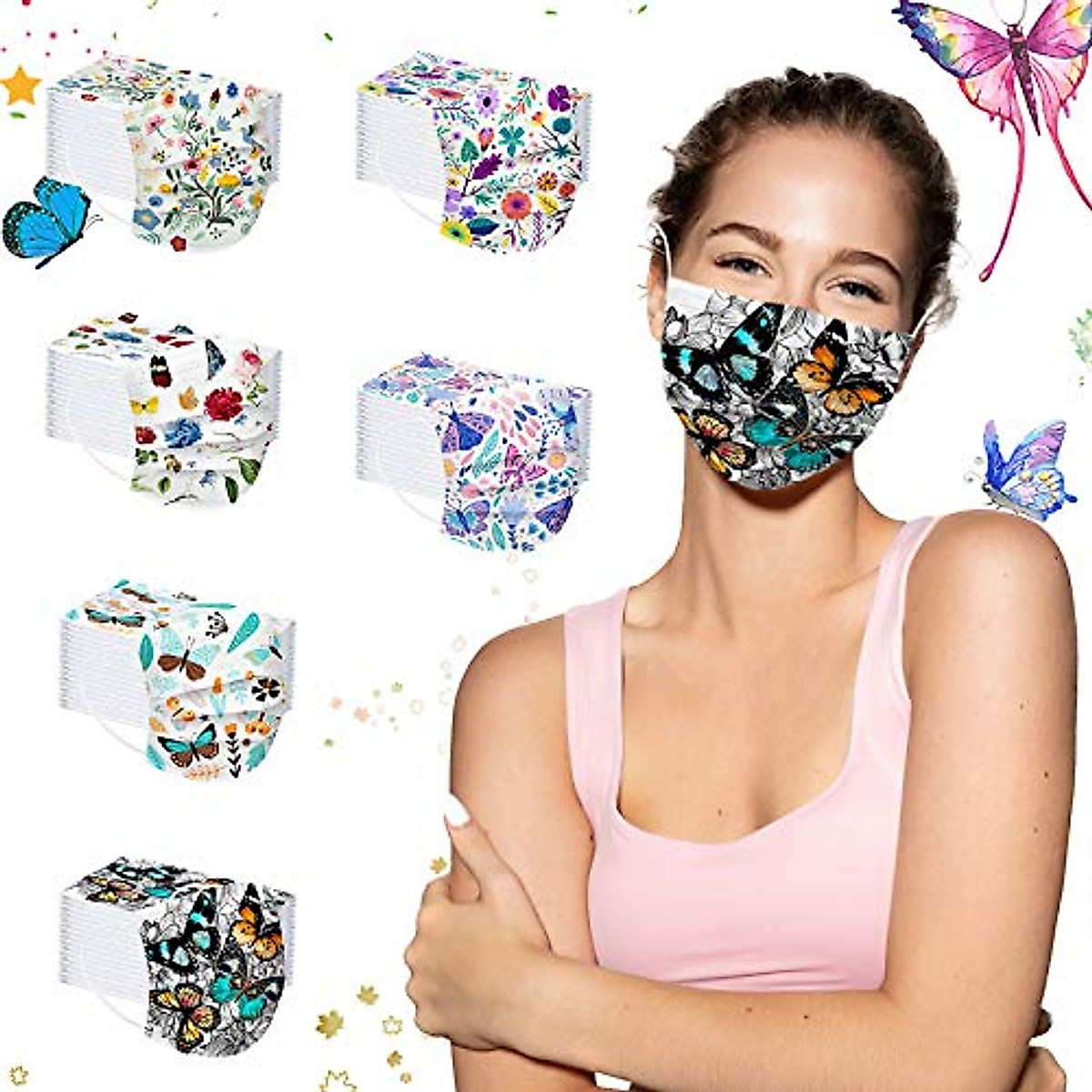 Disposable Face Masks, Yassk 3 Layer Butterfly Printed Face Masks with Elastic Ear Loop, Breathable Masks-Dust Air Pollution Protection for Adults (Butterfly-C)