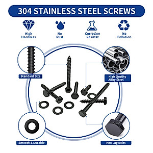 1/4 Hex Lag Bolts 1" 1-1/2" 2" 2-1/2" 3", JROUTH 155PCS Black Oxidized, Hex Lag Screws Heavy Duty Wood Screws Washers Assortment kit Stainless Steel 18-8 (304)