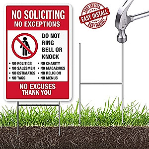 No Solicitation Sign, 18" x 9" with H Metal Stakes, Funny Decor for Home House Yard, No Excuses, No Exceptions Do Not Ring Bell No Knock Sign (H Stake)