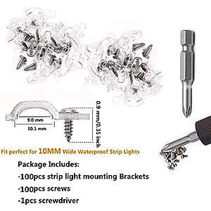 100 Pack Strip Light Mounting Bracket,Transparent Fixing Clips for 10mm Wide IP65 Waterproof 5050 LED Strip Light,One Side Fixing,100 Screws Included
