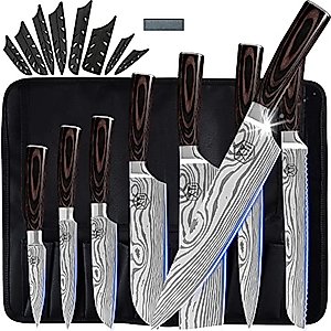 XYJ Set of Knives 8-pieces Stainless Steel Kitchen Knife Vegetable Nakiri Knife Meat Ham Steak Bread Slice Knives With Carry Roll Bag Chef Tools Set (Coffee)