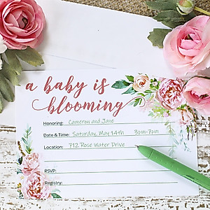 DISTINCTIVS Floral Baby Shower Party Invitations - 10 Fill In Cards with Envelopes - A Baby is Blooming - Pink Floral It's a Girl Themed Supplies