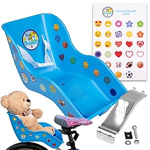 The Original Stuffed Animal and Doll Bicycle Seat (Blue)- Bike Attachment Accessory for American Girl & All 18-22" Dolls & Stuffed Animals- Decorate Yourself Decals Gift Compatible with American Girl