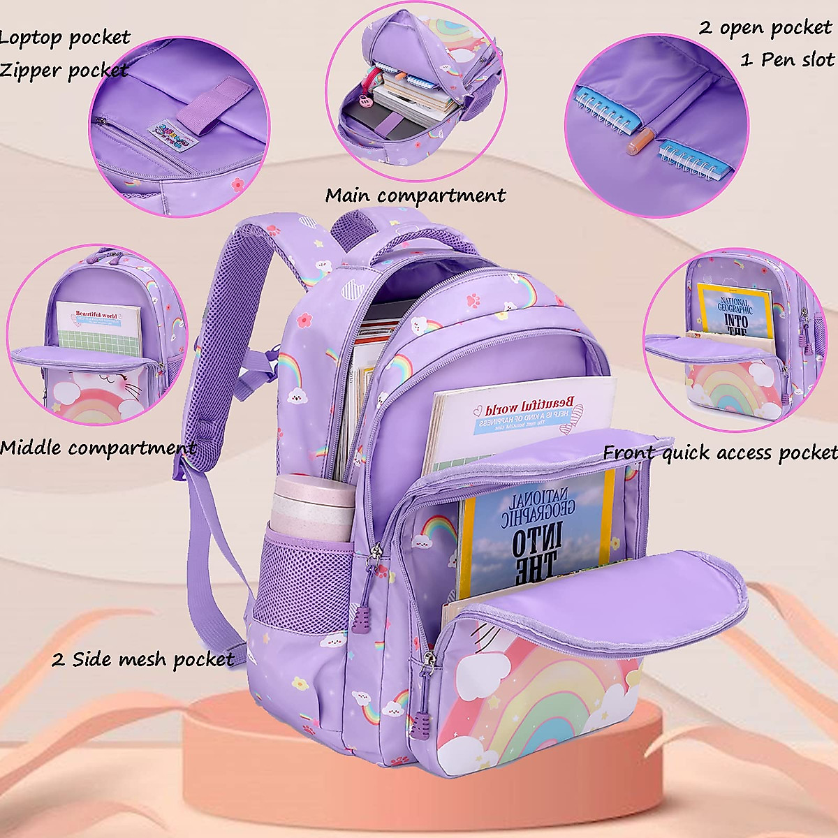 Jumpopack Unicorn Backpack for Girls School Backpack for Elementary Girls Backpack with Lunch Box Lightweight Water Resistance School Bag Preschool Kids Bookbag,Unicorn Cat