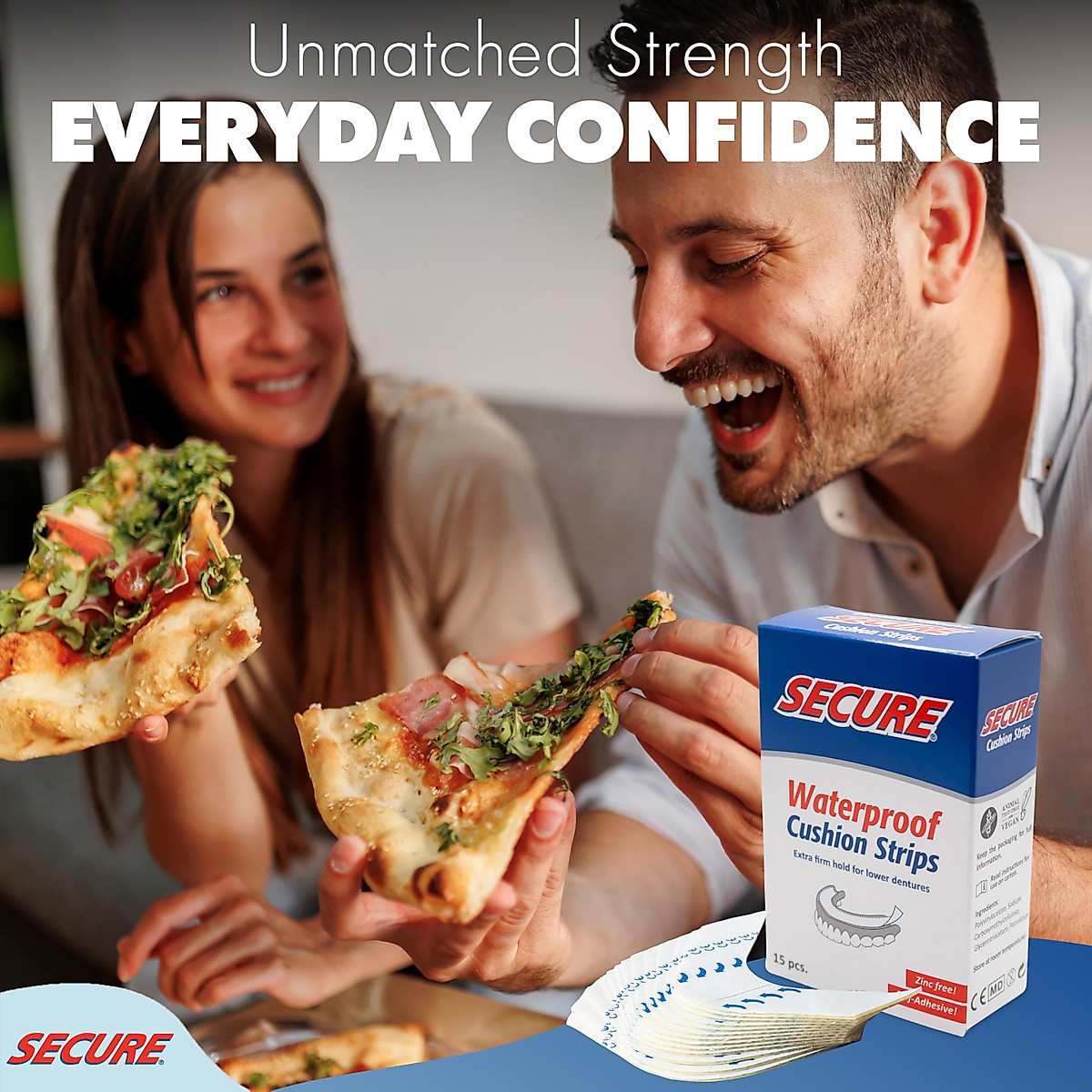 Secure Comfort Strips Waterproof Denture Adhesive - Zinc Free - Extra Firm Hold For Lower Dentures - 15 Strips