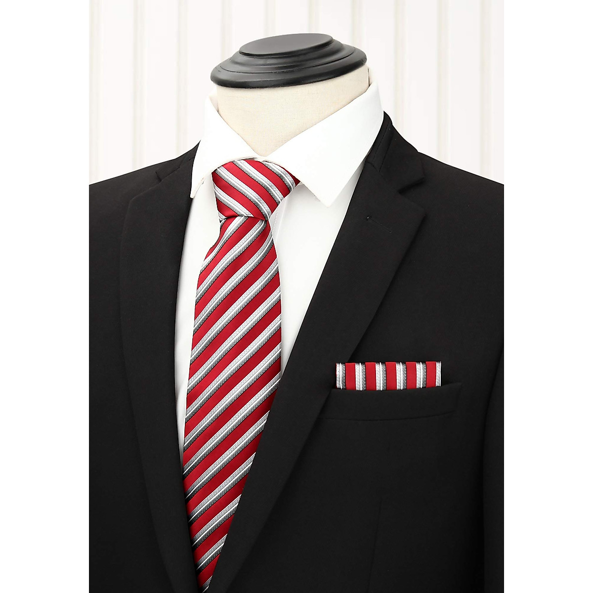 HISDERN Mens Ties Extra Long Ties for Men Big and Tall Red Striped Necktie and Pocket Square Set 63 Inch XL Silk Neckties Collection Handkerchief