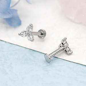 Designfy 14K White Gold Threadless Earring Top Push in Triple Clear CZ Flat Back Nose Stud Threadless Cartilage Earring Helix Stud Tragus Piercing Jewelry for Women Men 6mm