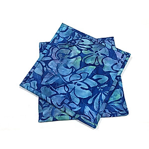 Batik Quilted Fabric Pot Holders with Blue Floral Print