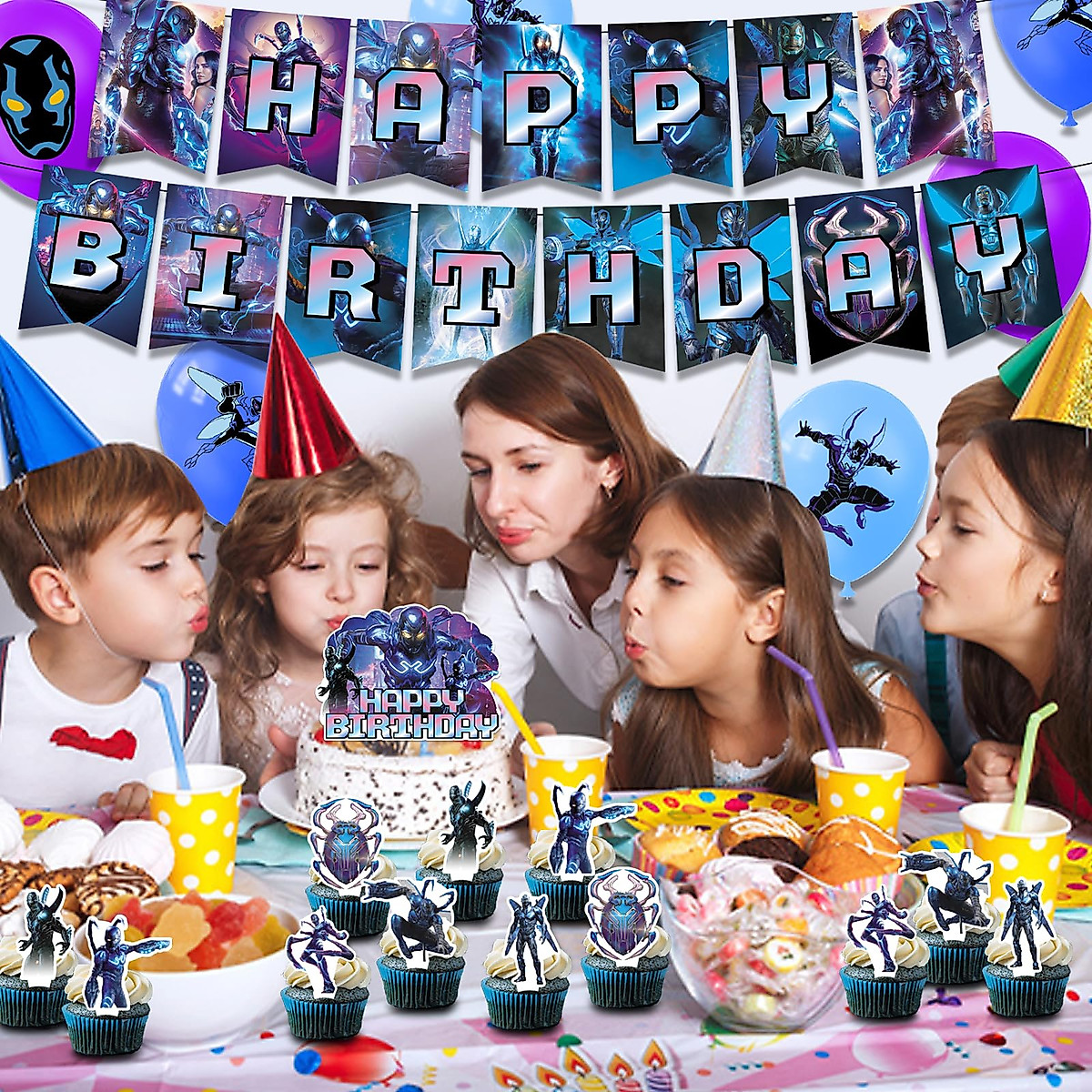 Blue Beetle Birthday Party Decoration, Include Beetle Superhero Theme Birthday Banner, Cake Topper, Latex Balloons, for Jaime Reyes Theme Fans, Kids Birthday Party Supplies, Baby Shower