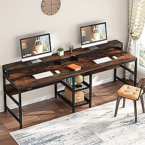 Tribesigns Two Person Desk with Storage Shelf, Double Computer Desk with Hutch, 78.7 Long Office Desk Double Workstation Study Writing Table for Home Office, Rustic Brown