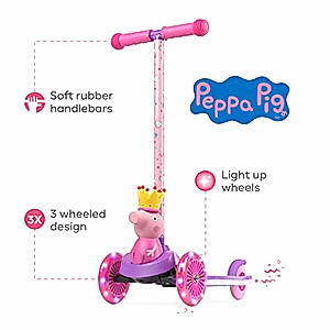 Peppa Pig Kick Scooter for Kids, Self-Balancing 3 Wheeled Light Up Scooter with Extra Wide Anti-Slip Deck, Rear Brake, Lean to Steer, Lightweight Design, for Kids 3 and up, 75 LB Limit